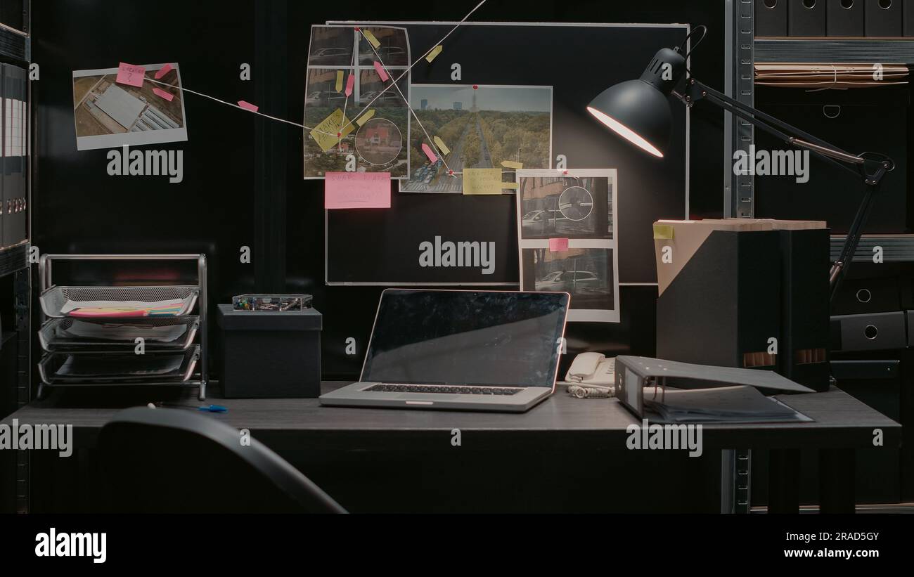 Criminal board with evidence in police archive office, crime scene ...