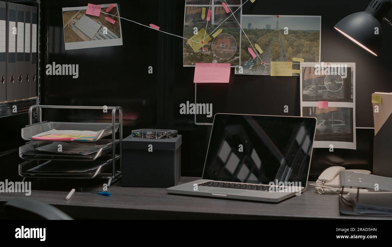 Empty evidence room equipped with clues and witness statements ...