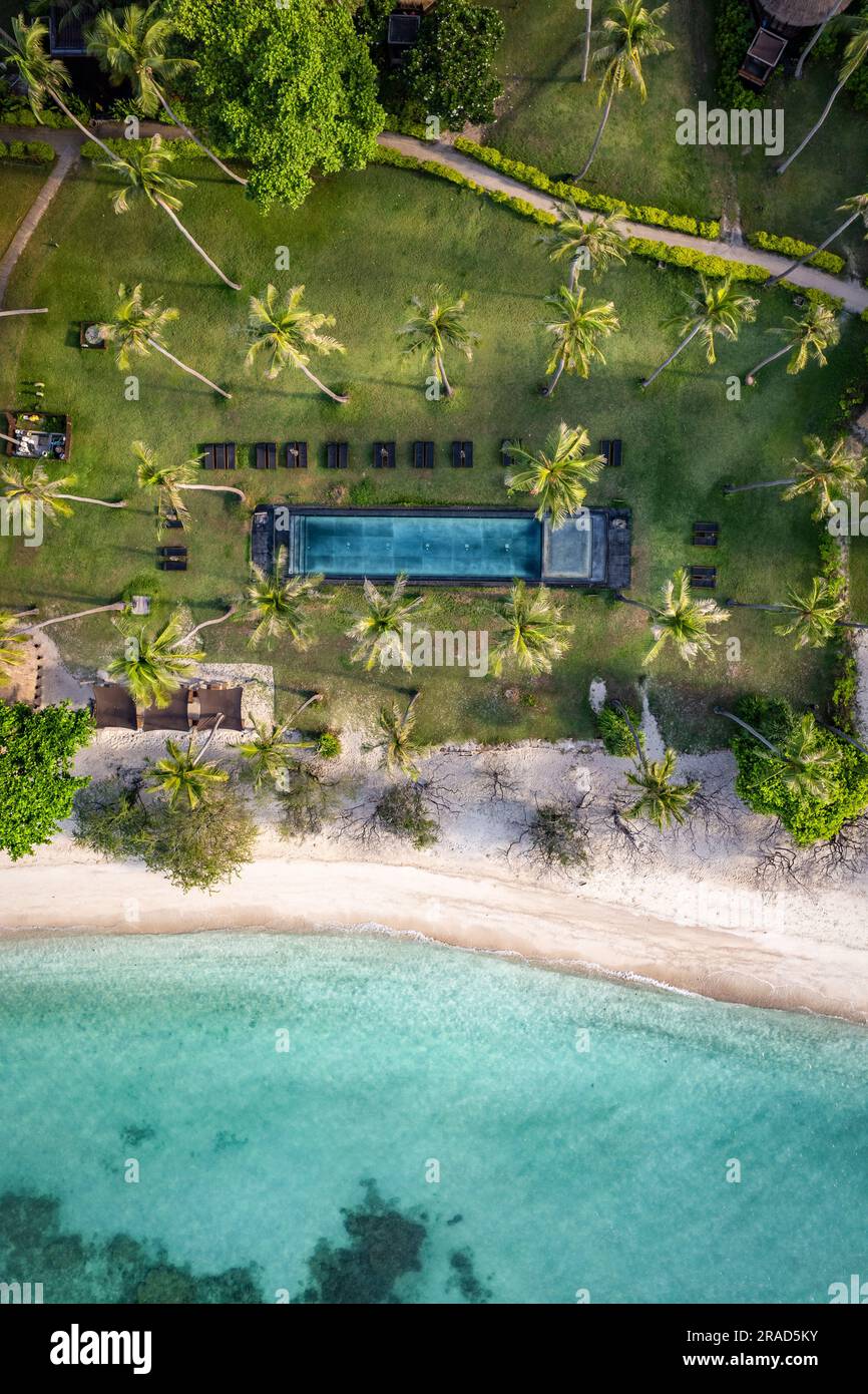 Aerial view of Haad Tien Beach and resort in Shark Bay, koh Tao ...