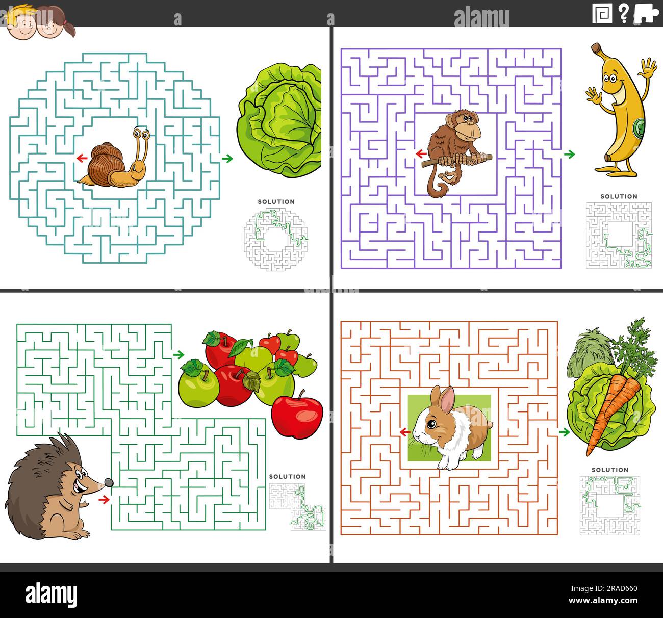 Cartoon illustration of educational maze puzzle activities set with ...