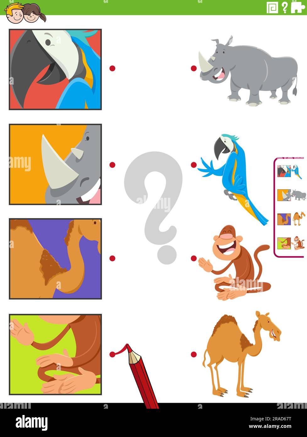 Cartoon illustration of educational matching game with animal ...