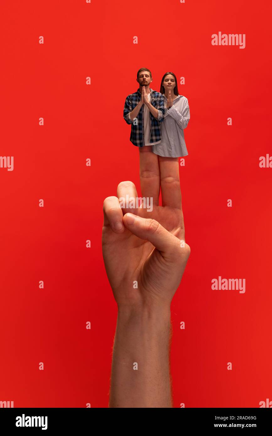 Creative collage with hands. Young man and woman standing with eyes ...