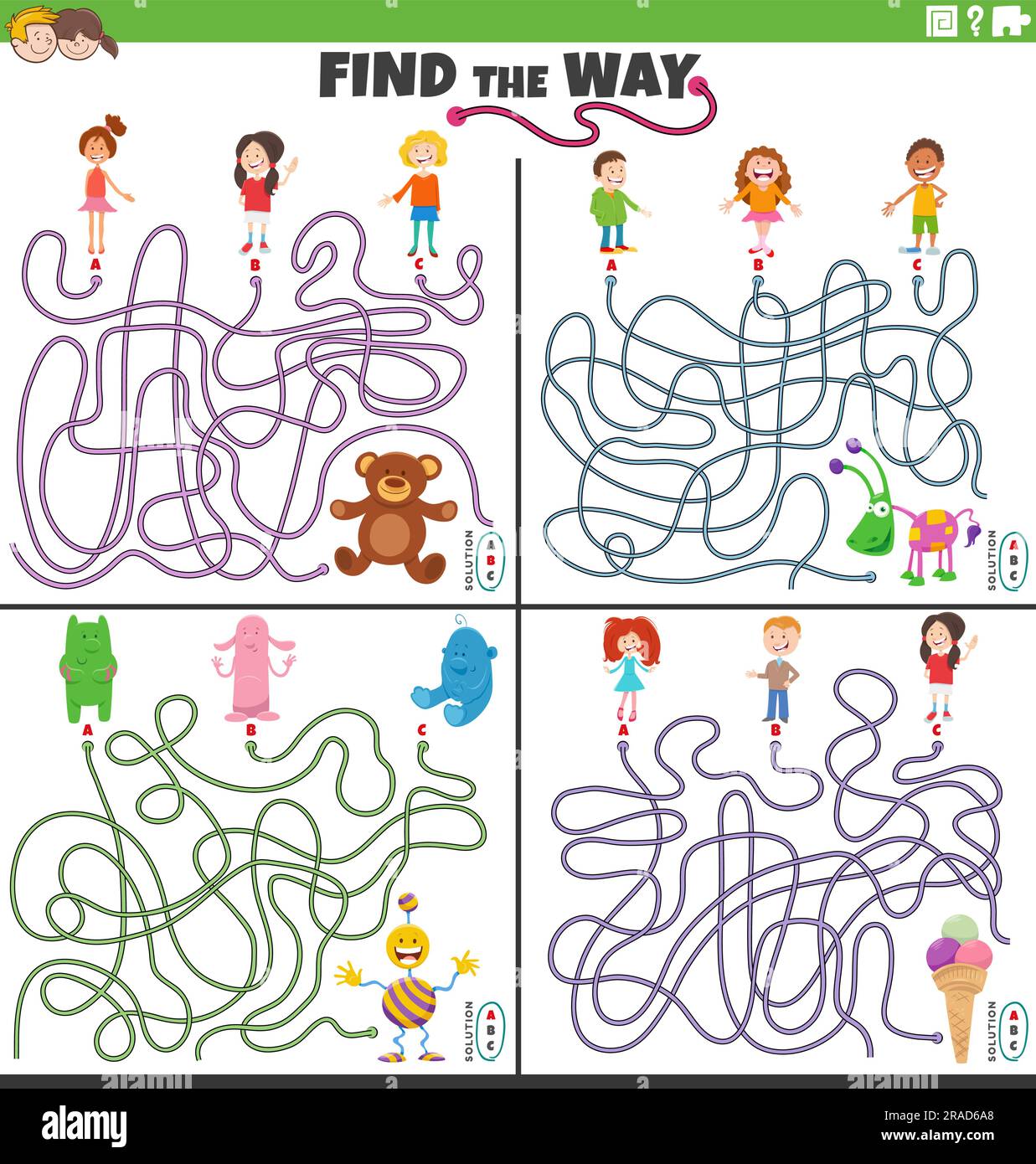 Cartoon illustration of find the way maze puzzle games set with comic ...