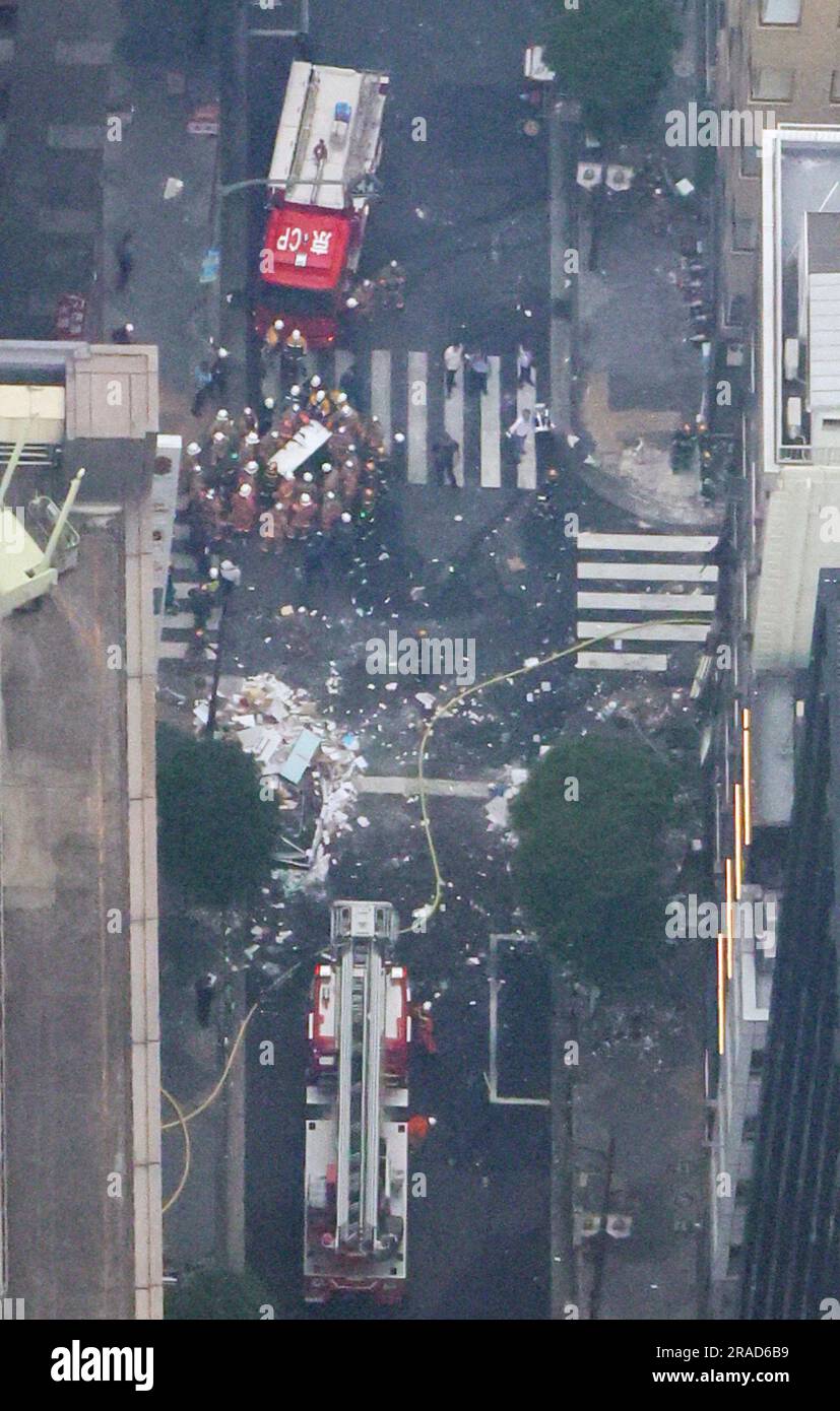 An aerial photo shows an explosion site in Shinbashi, Tokyo on July 3 ...