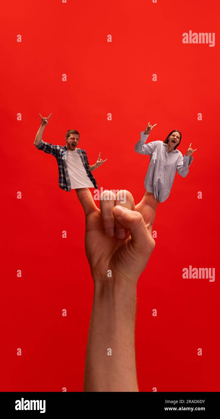 Creative collage with hands. Happy, delightful, excited young man and ...