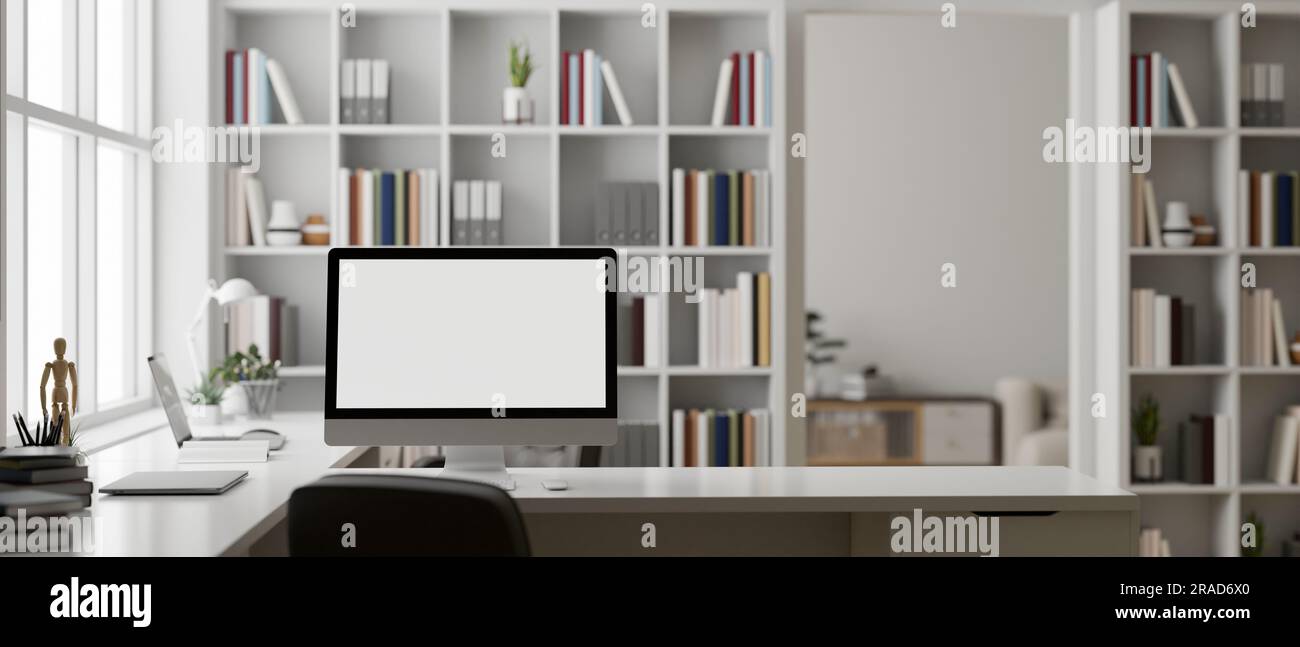 Minimal modern study room with mock up desktop computer on the table ...