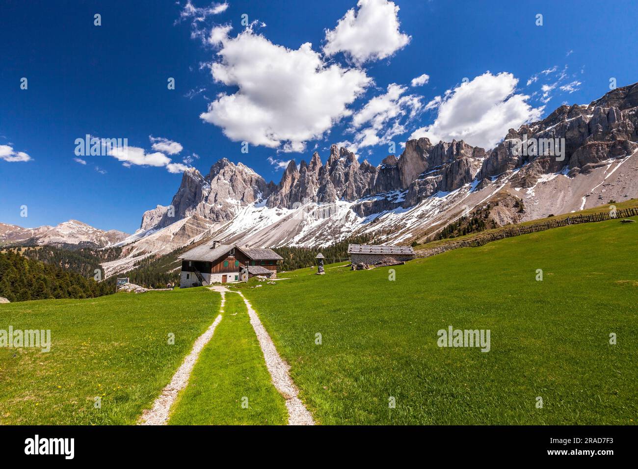 Brogles refuge with Odle in background, Dolomites, Funes, Italy Stock ...