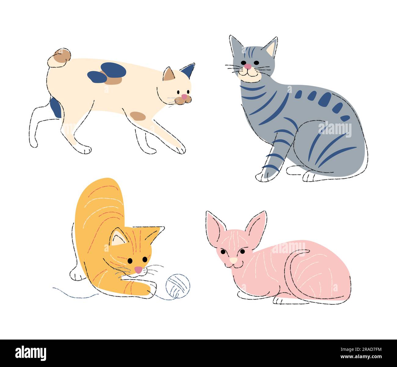 Cat breeds Set 1 . Flat shape and pencil line drawing design . Vector ...