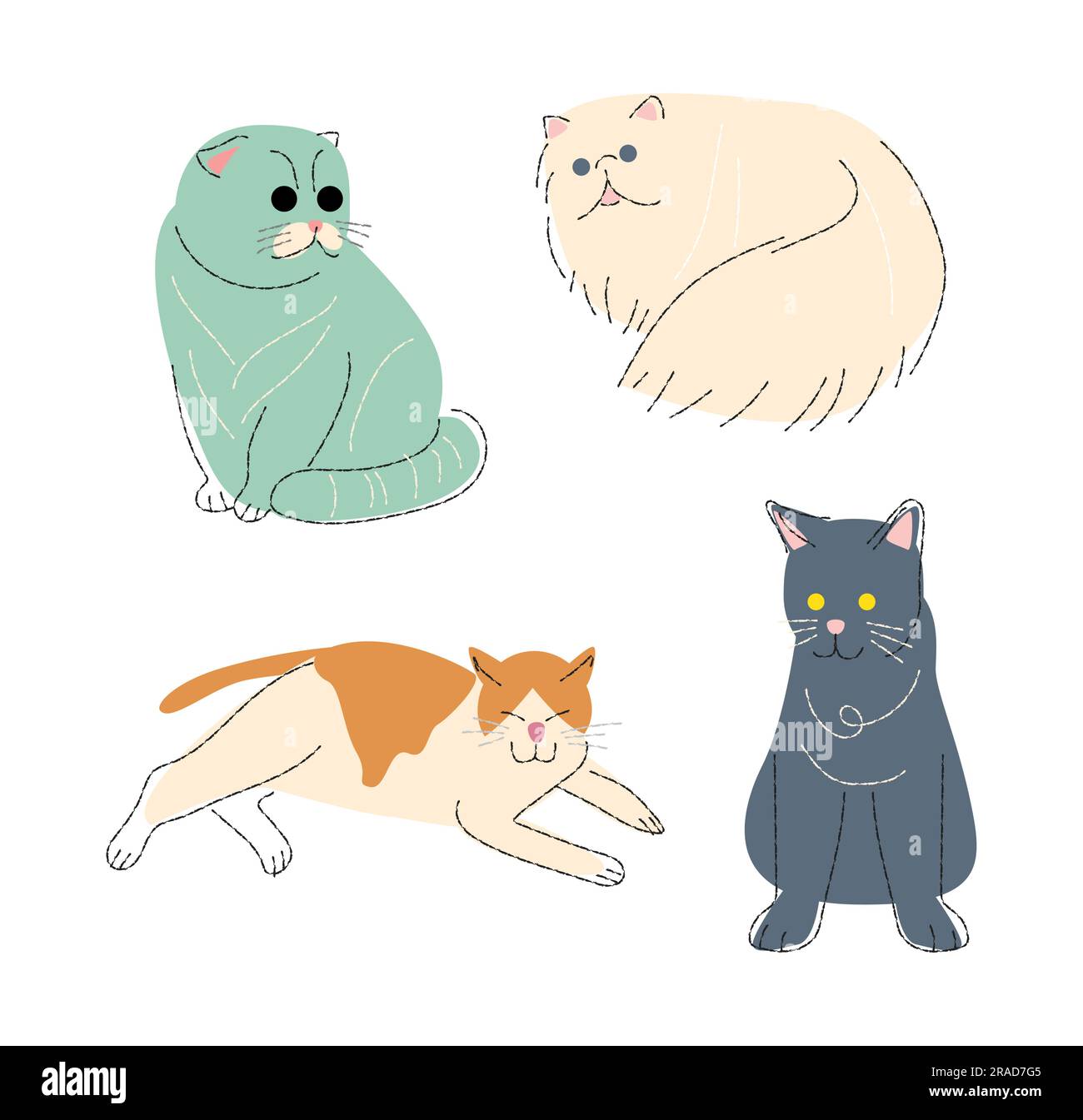 Cat breeds Set 3 . Flat shape and pencil line drawing design . Vector ...