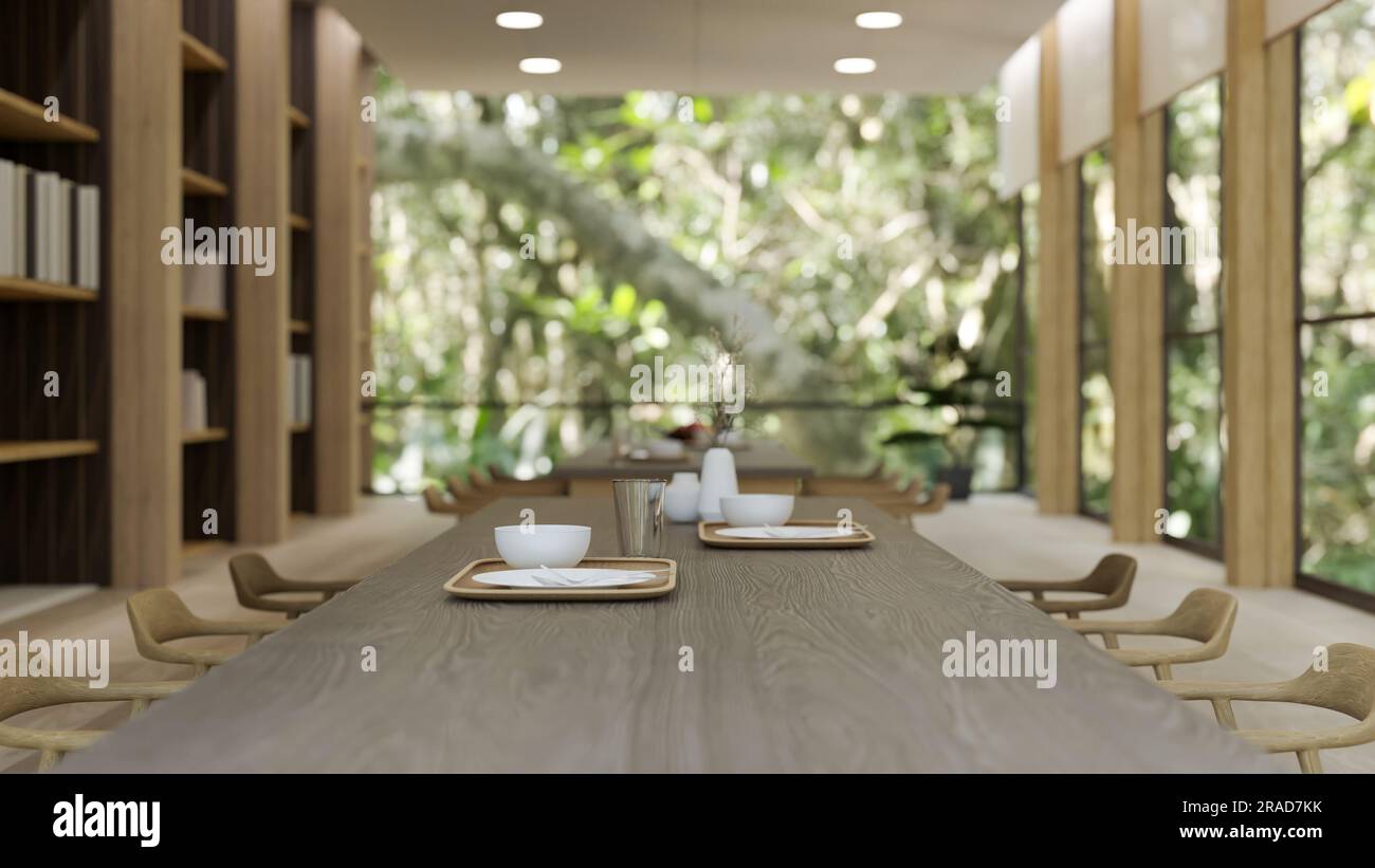 Close-up image of a modern wooden meeting table in a modern luxury ...