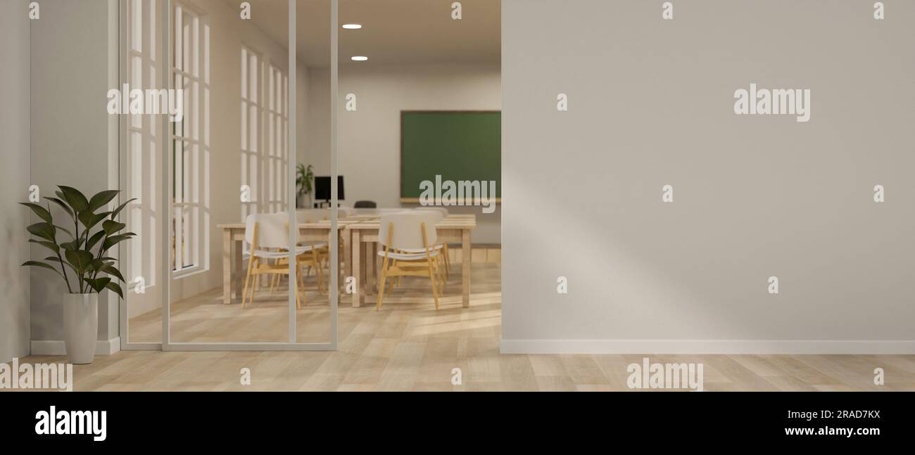 Interior design of a modern minimalist classroom with row of study ...