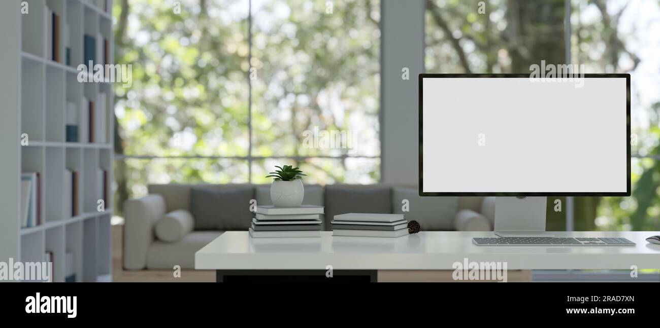 Minimal modern study room with mock up desktop computer on the table ...