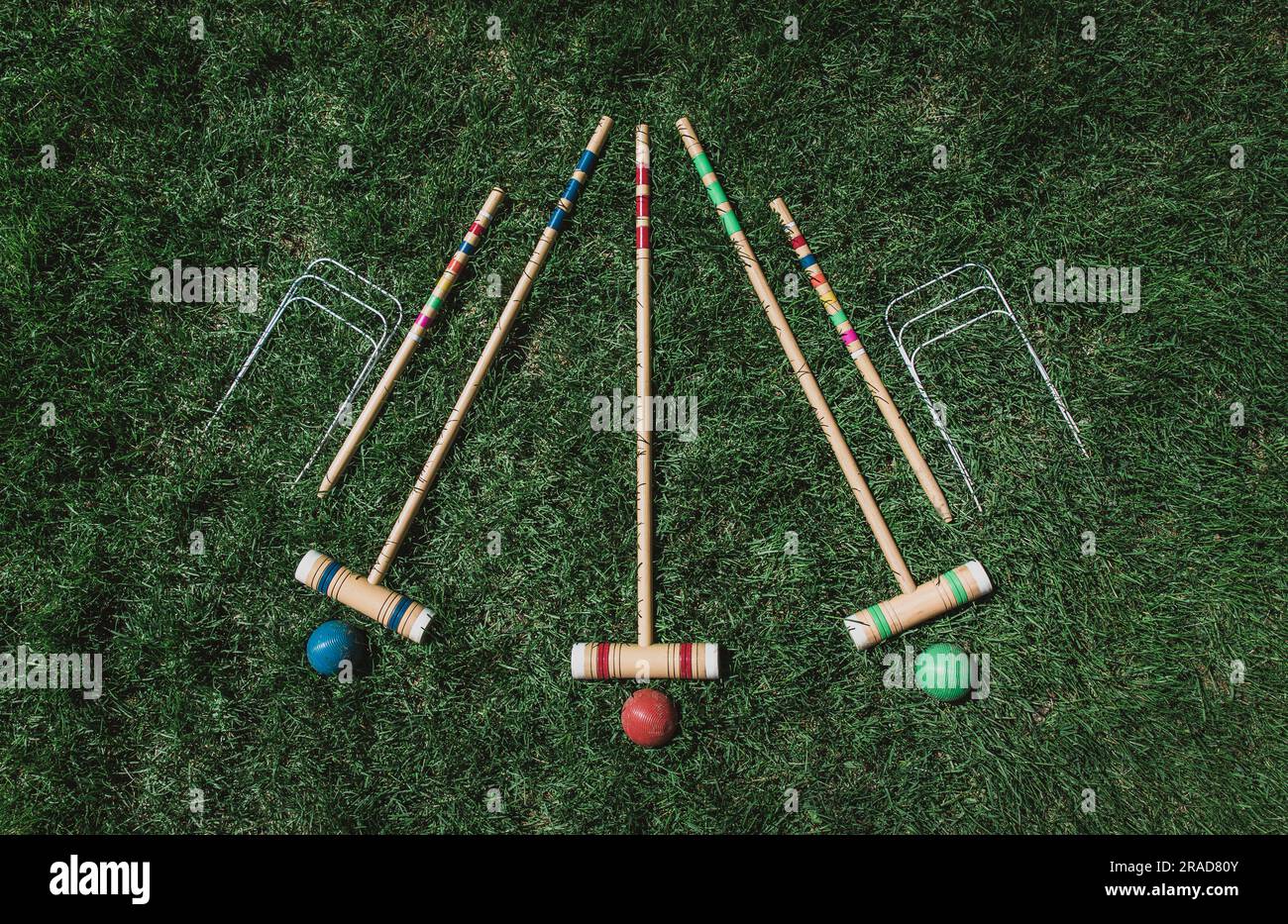 High angle shot of wooden croquet set on the grass Stock Photo - Alamy