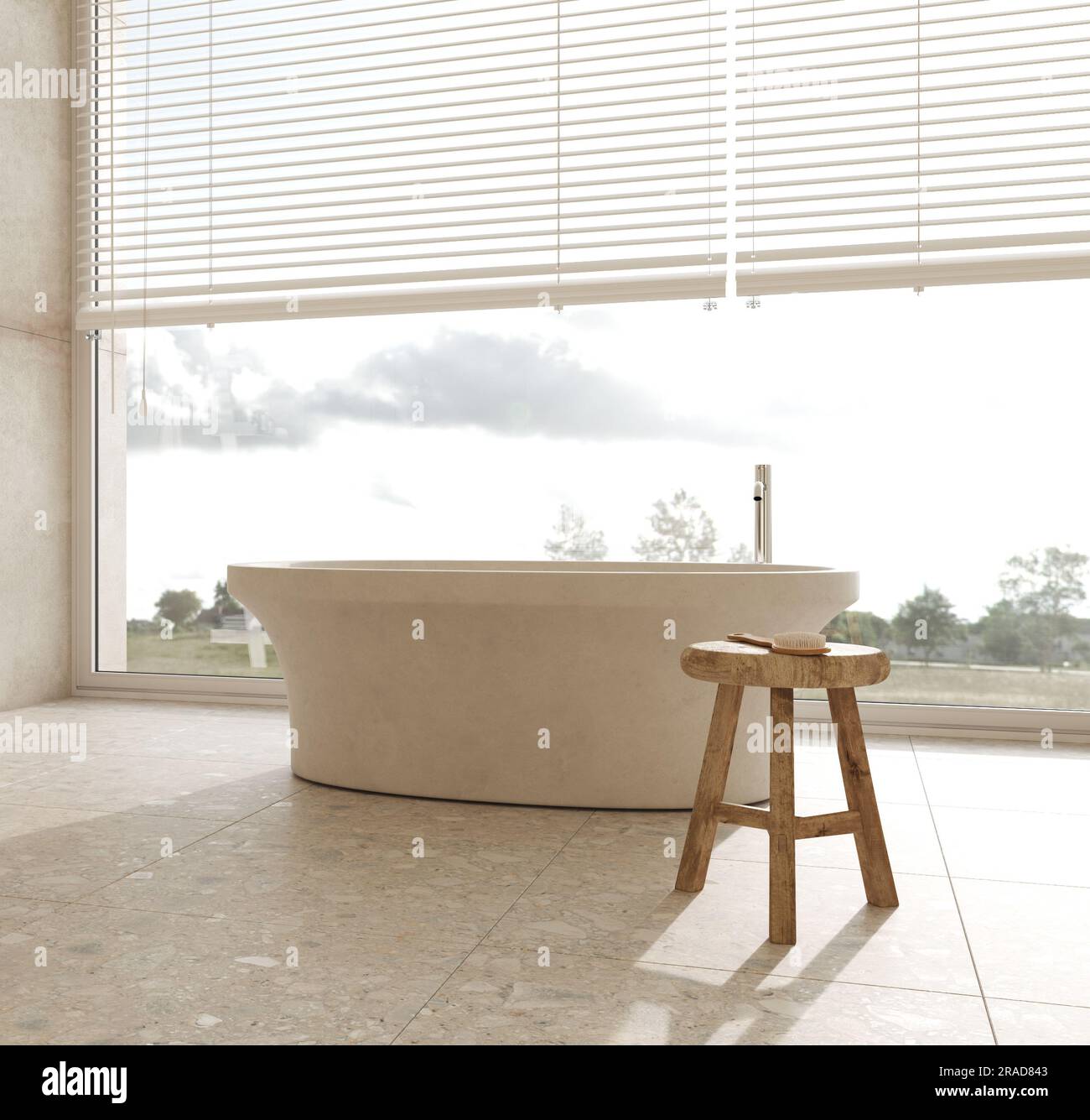 Cozy nomadic minimalist bathroom interior style. Hotel room with large ...