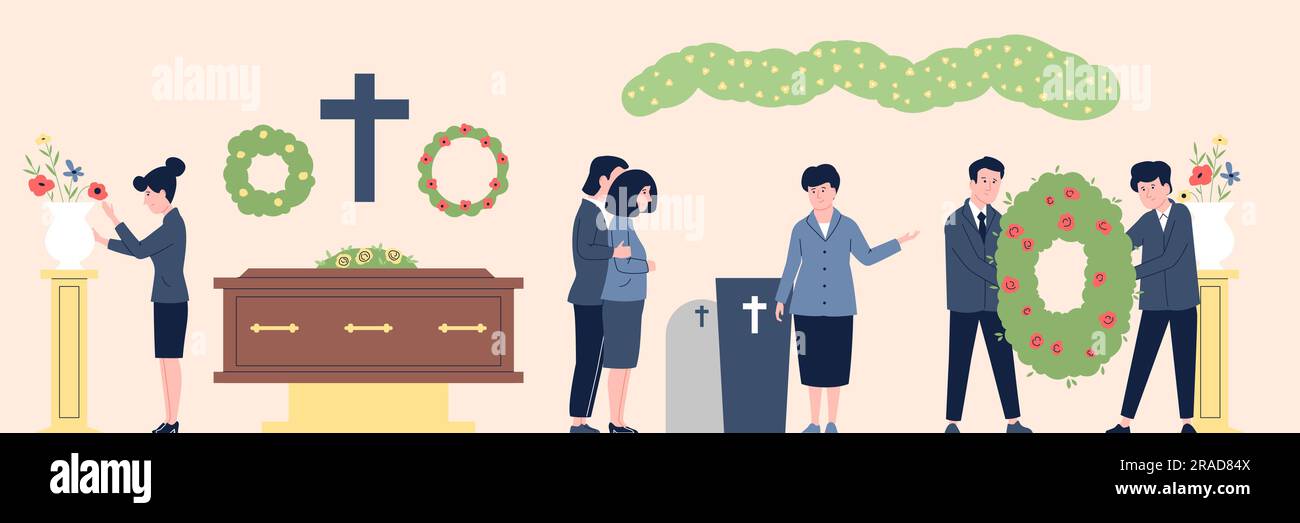 Funeral service office and cemetery workers. Coffin and memorial wreaths, sad family in mourning ...