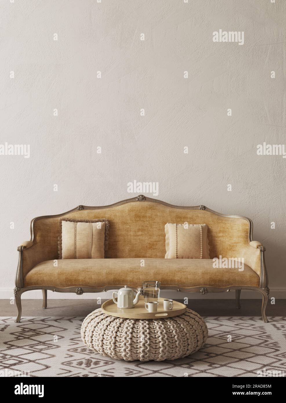 Vintage livingroom interior design with yellow lounge sofa. White wall ...