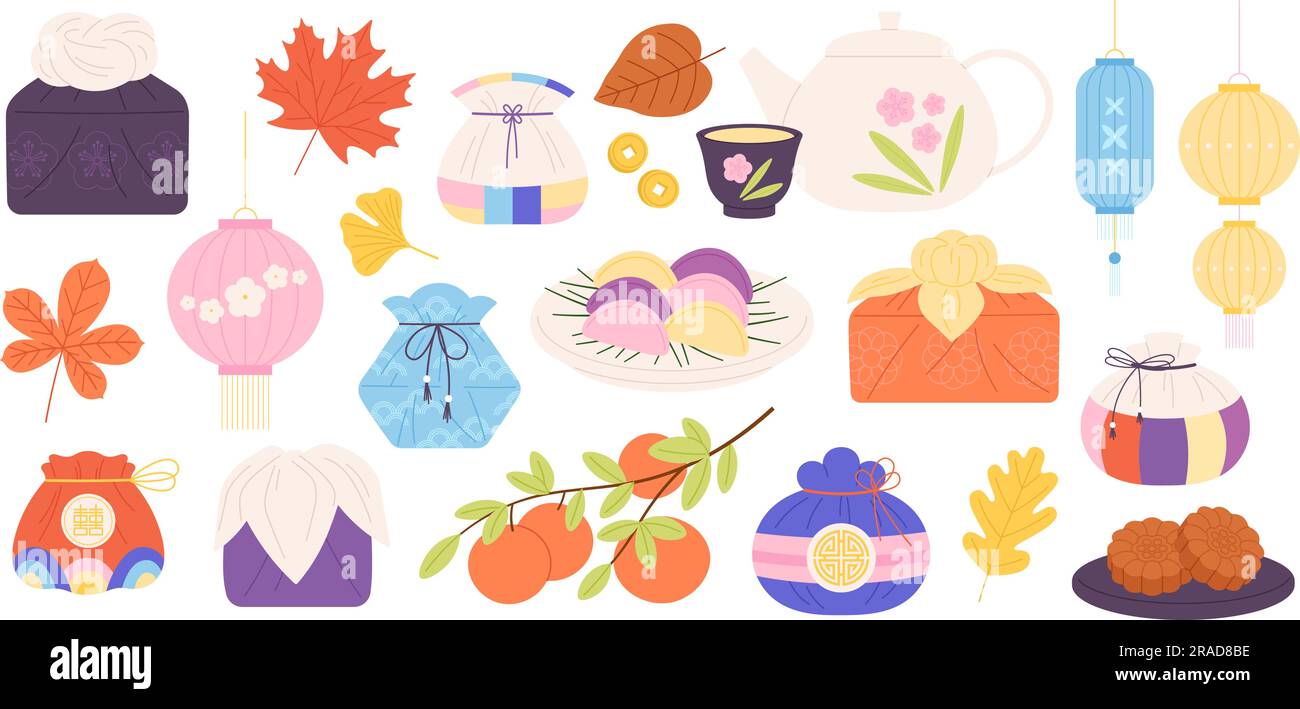 Traditional chuseok festival elements. Korean lucky bags, orange tree ...
