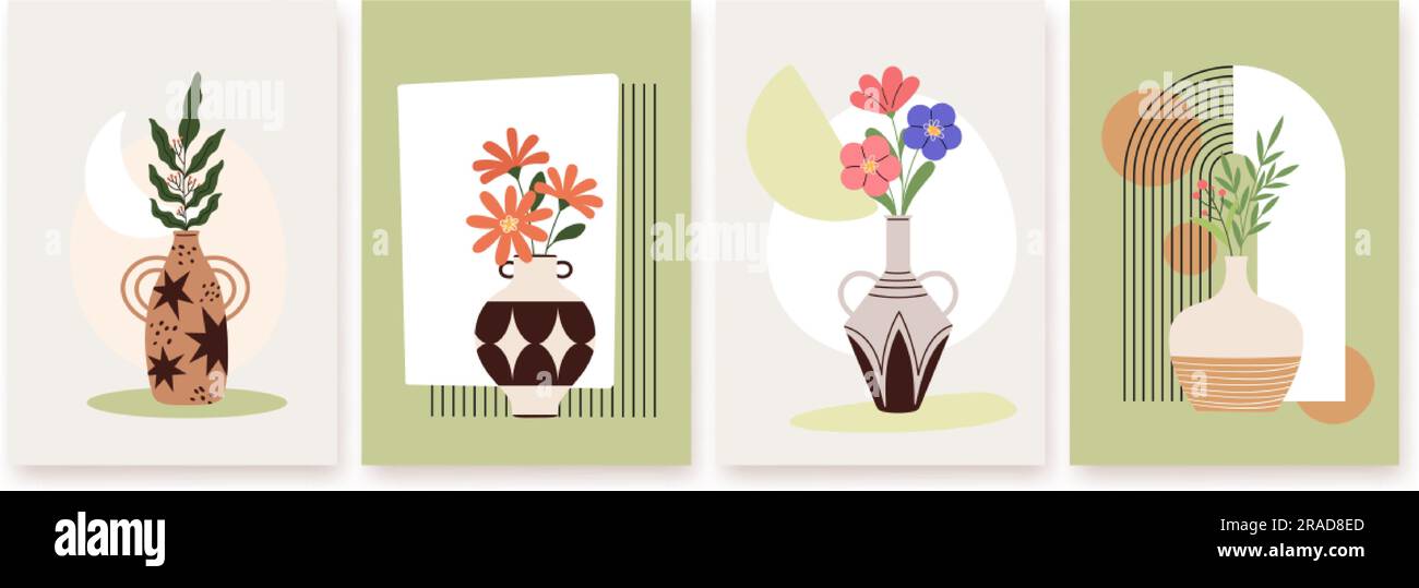 Abstract interior wall posters with geometric shapes, vases and plants ...