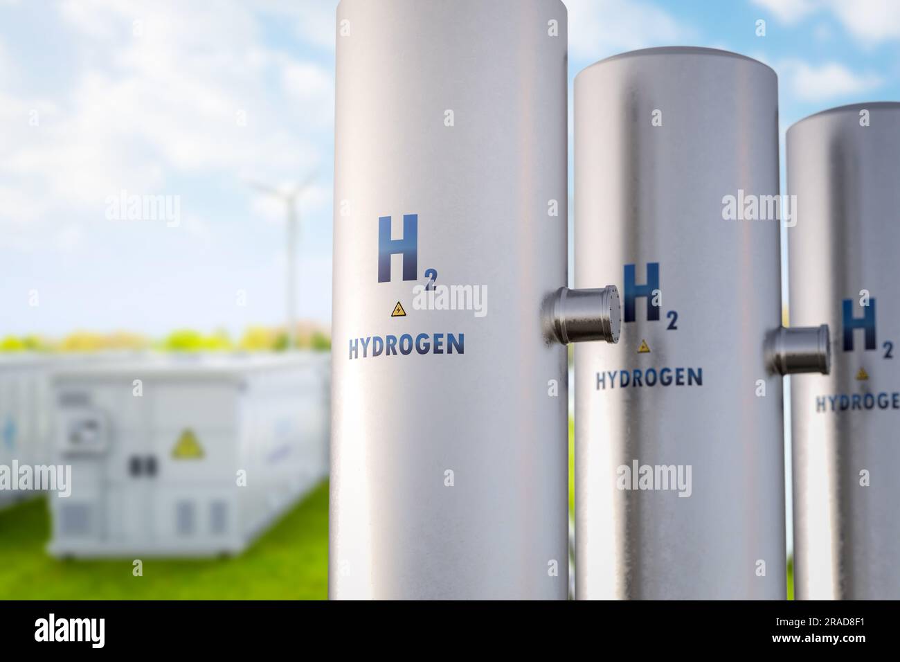 3d rendering metal hydrogen pipeline with green field and blue sky ...