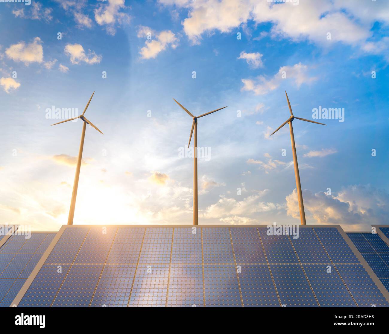 Alternative energy concept with 3d rendering wind turbines and solar ...