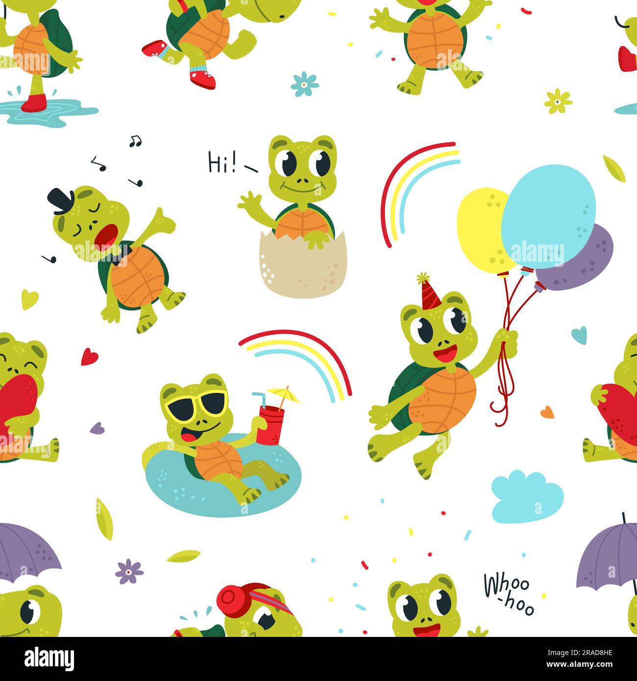 Turtle seamless pattern. Green comic turtles fabric print. Decorative ...