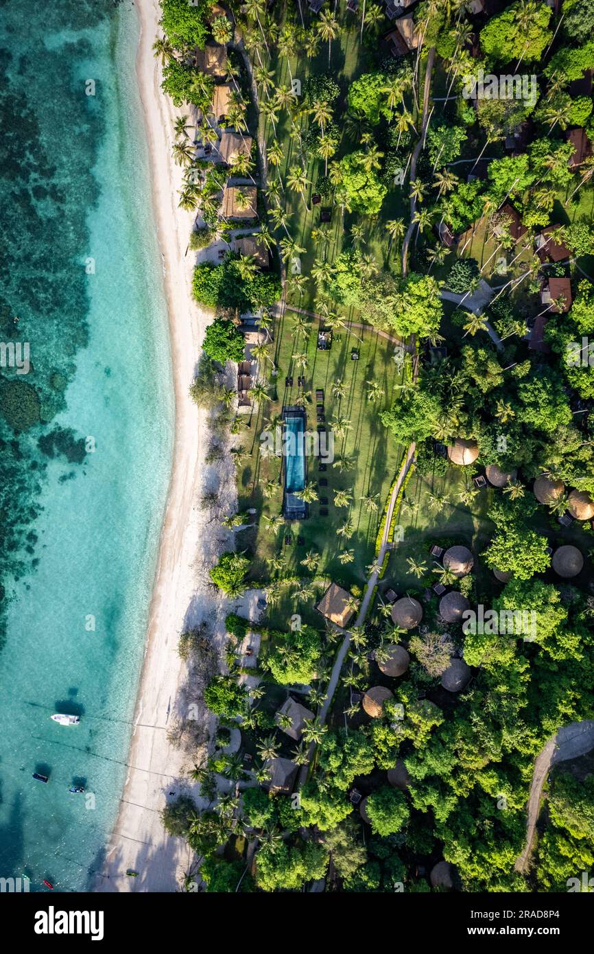 Aerial view of Haad Tien Beach and resort in Shark Bay, koh Tao ...