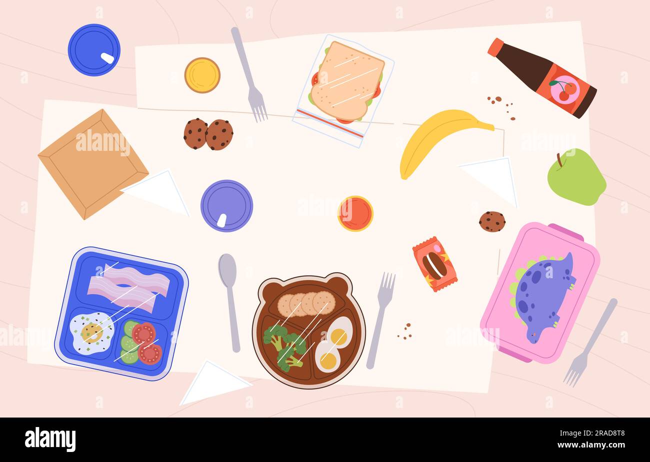 School breakfast, lunch boxes and drinks on table top view. Kindergarten dinner for children ...