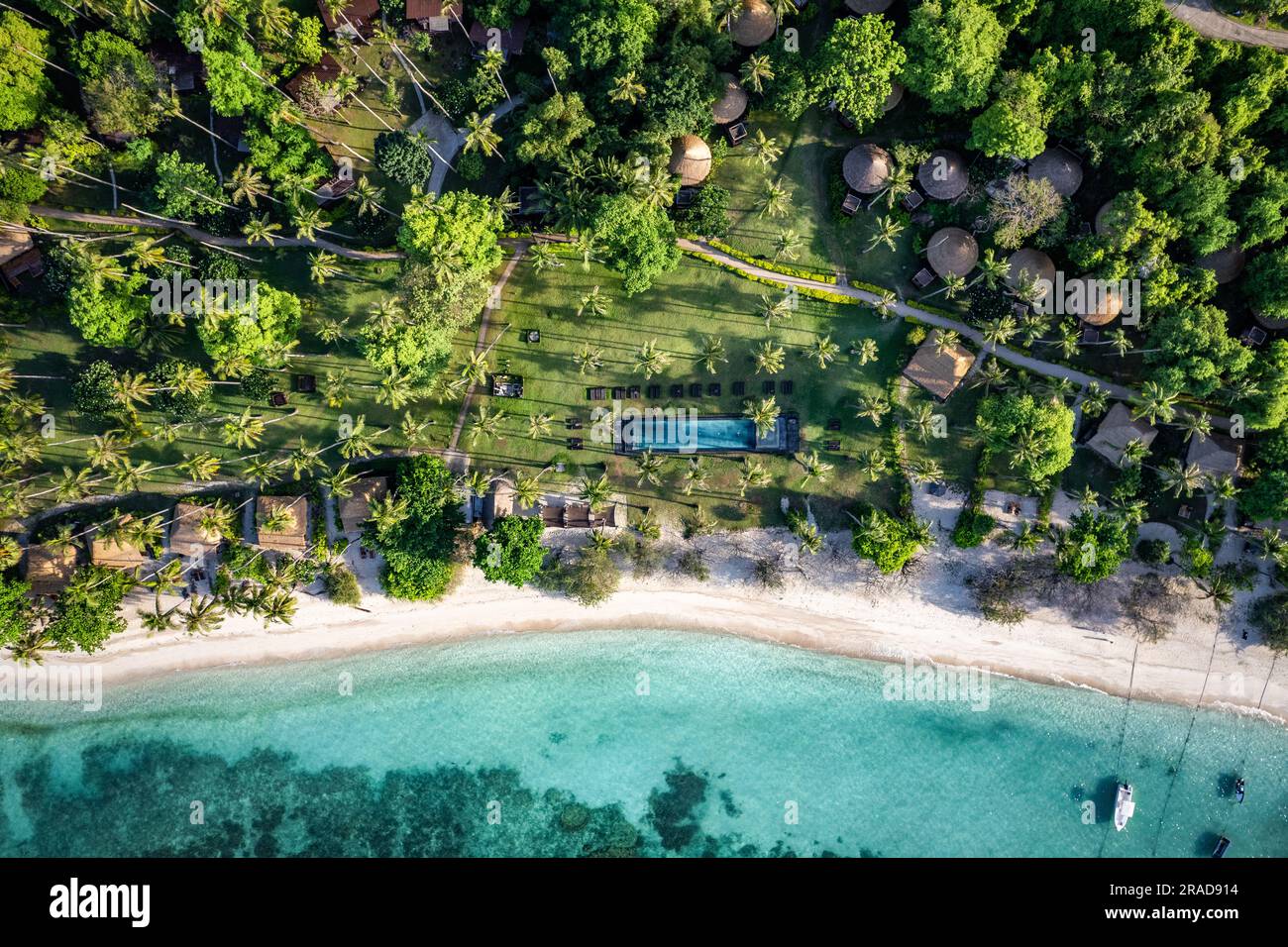 Aerial view of Haad Tien Beach and resort in Shark Bay, koh Tao ...