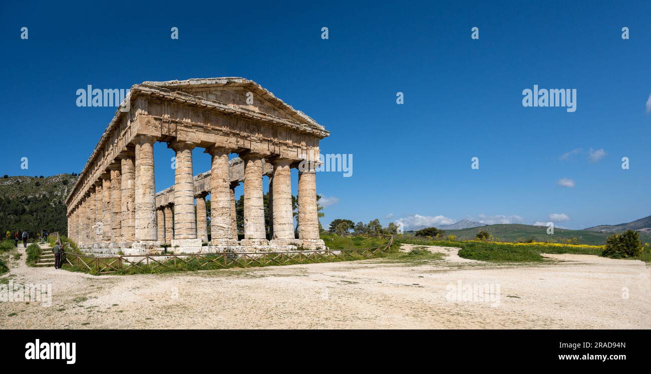 The ancient temple of Segeste in Sicily, Italy stands with its ...