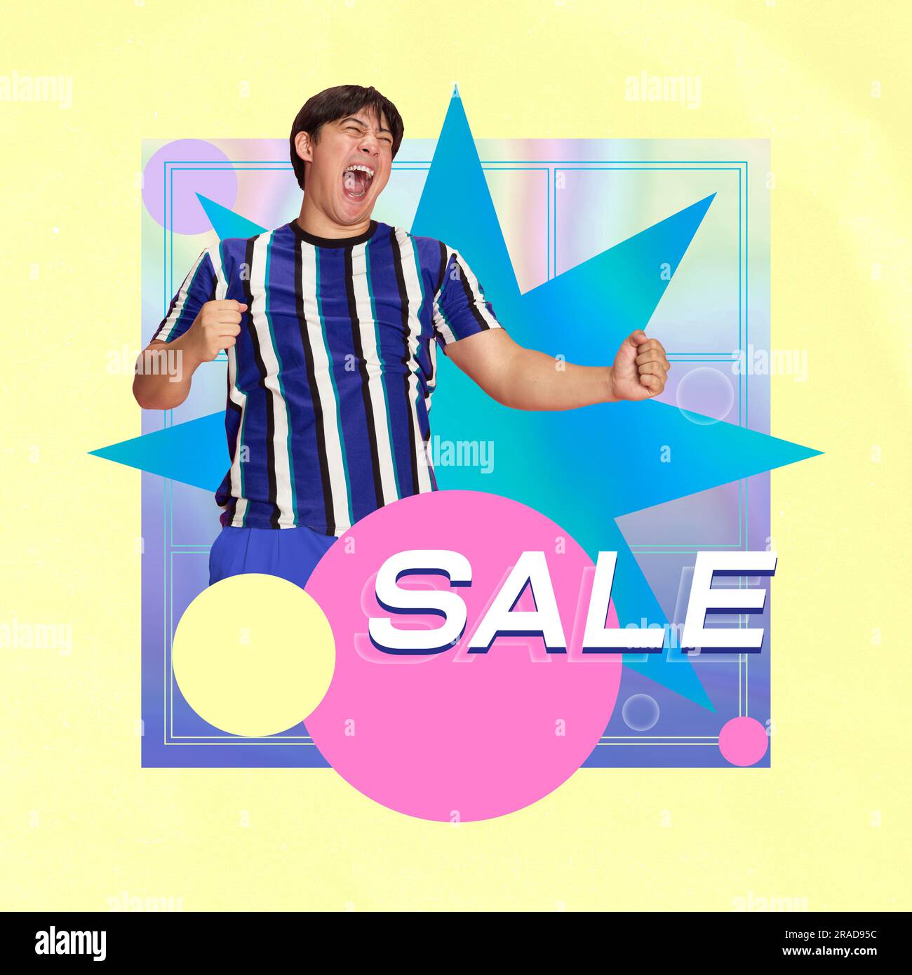 Happy and excited young man cheerfully meeting big sales season ...