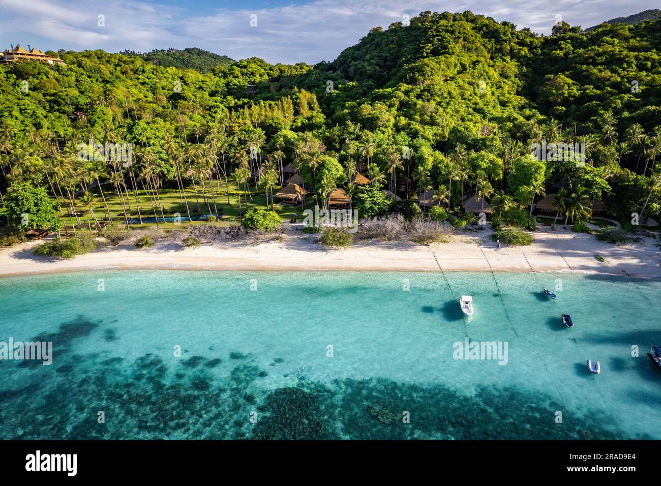 Aerial view of Haad Tien Beach and resort in Shark Bay, koh Tao ...