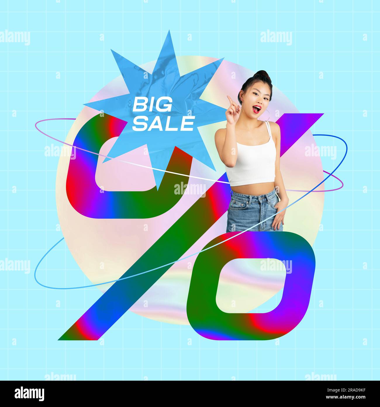 Pretty, young, asian girl talking about big sales, lower price for any ...