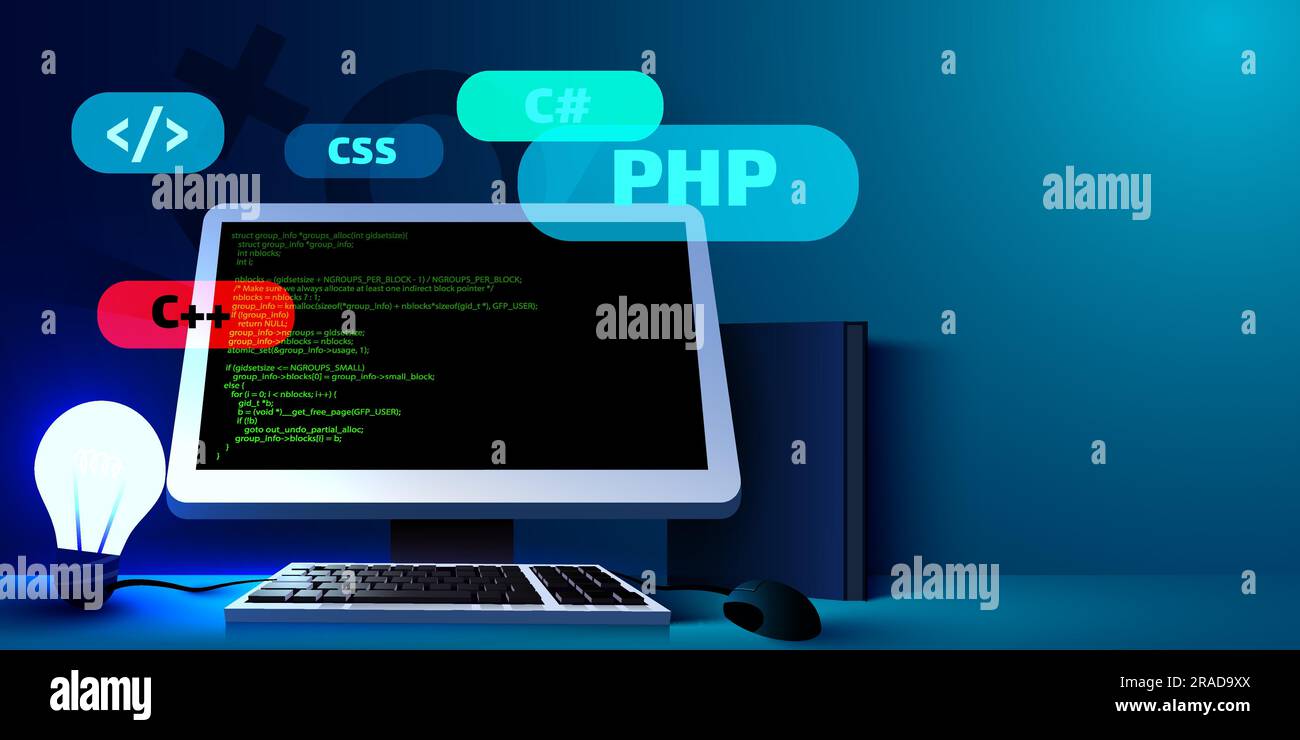 Web Development Coding And Programming Futuristic Banner Computer Code On Computer Vector