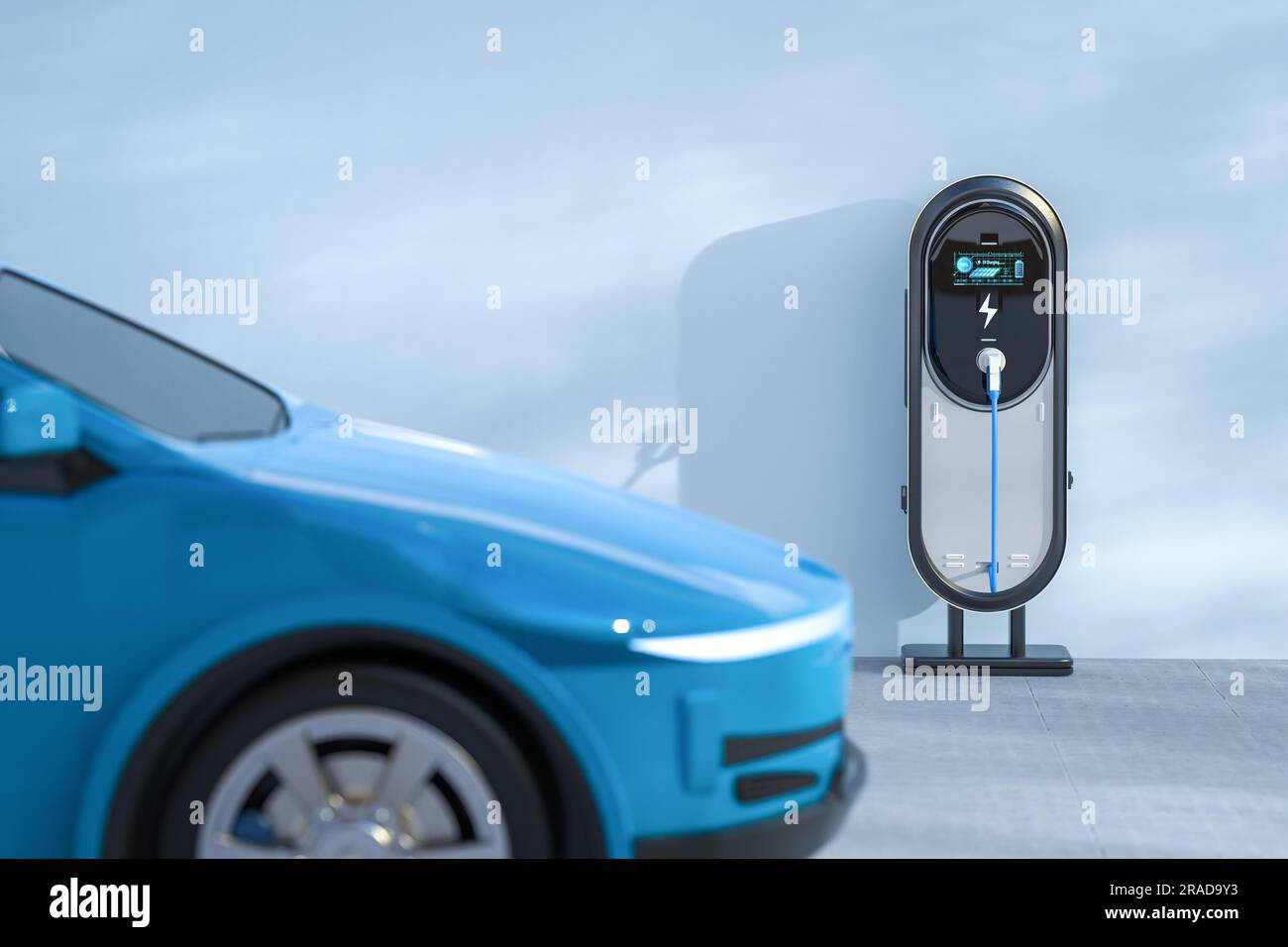 3d rendering blue ev car or electric vehicle plug in with recharging ...