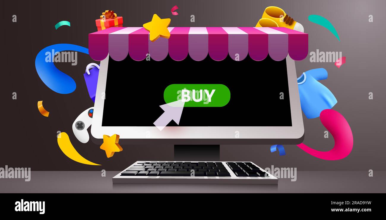 Computer monitor with shop awning. Online shopping and e-commerce ...