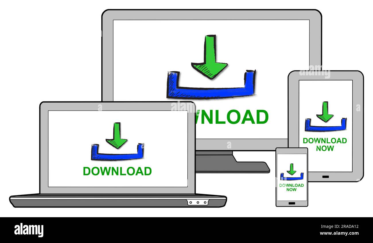 Download concept shown on different information technology devices ...