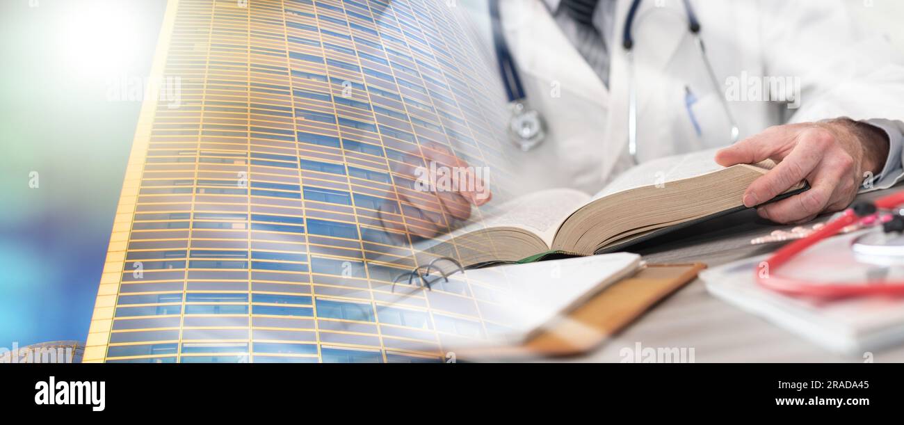 Doctor reading a textbook in medical office; multiple exposure Stock ...