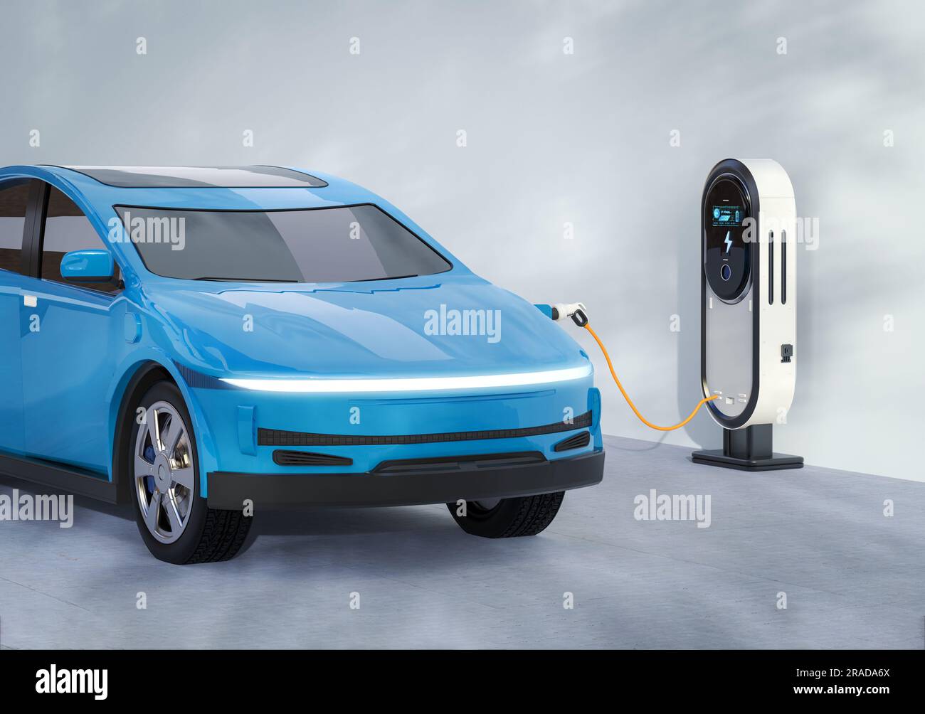 3d rendering blue ev car or electric vehicle plug in with recharging ...