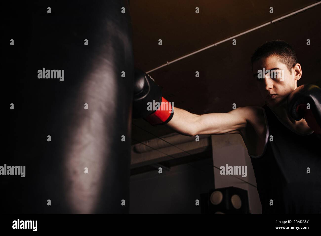 Young man boxer practicing a hit boxing during workout Stock Photo - Alamy