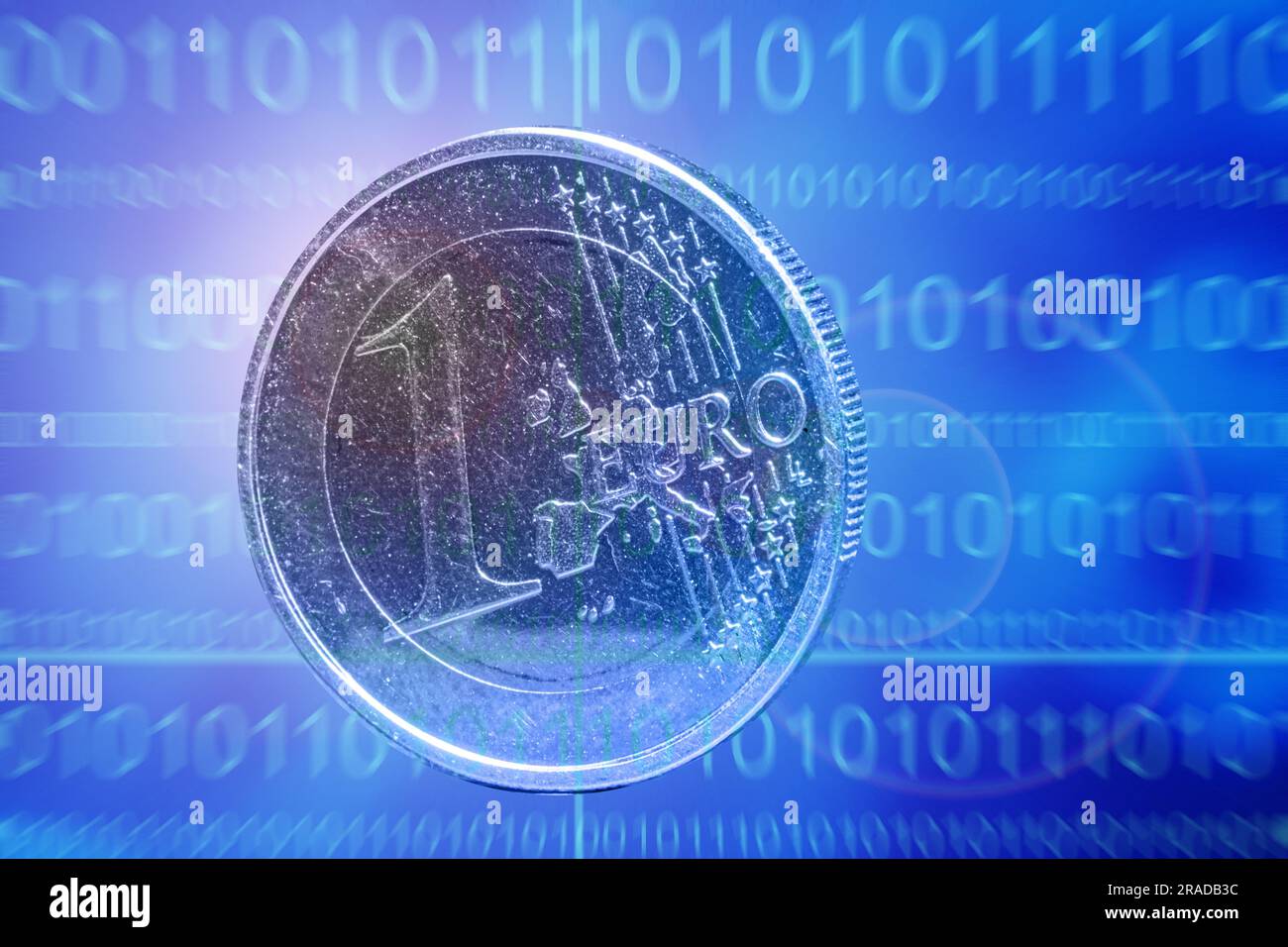 Symbol image of the digital euro: One-Euro Coin in front of a virtual ...