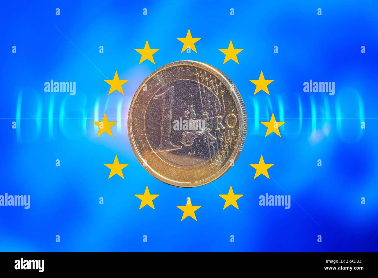 Symbol image of the digital euro: One-Euro Coin in front of a virtual ...