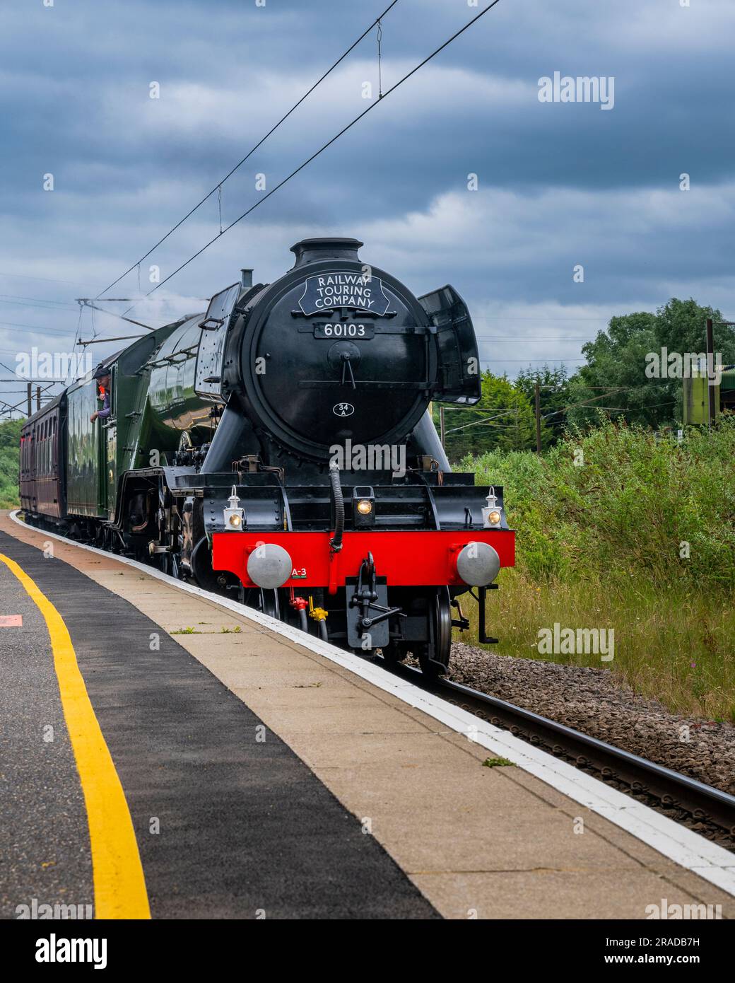 The world-famous Flying Scotsman steam train arrives at Grantham Train Station as it travels ...