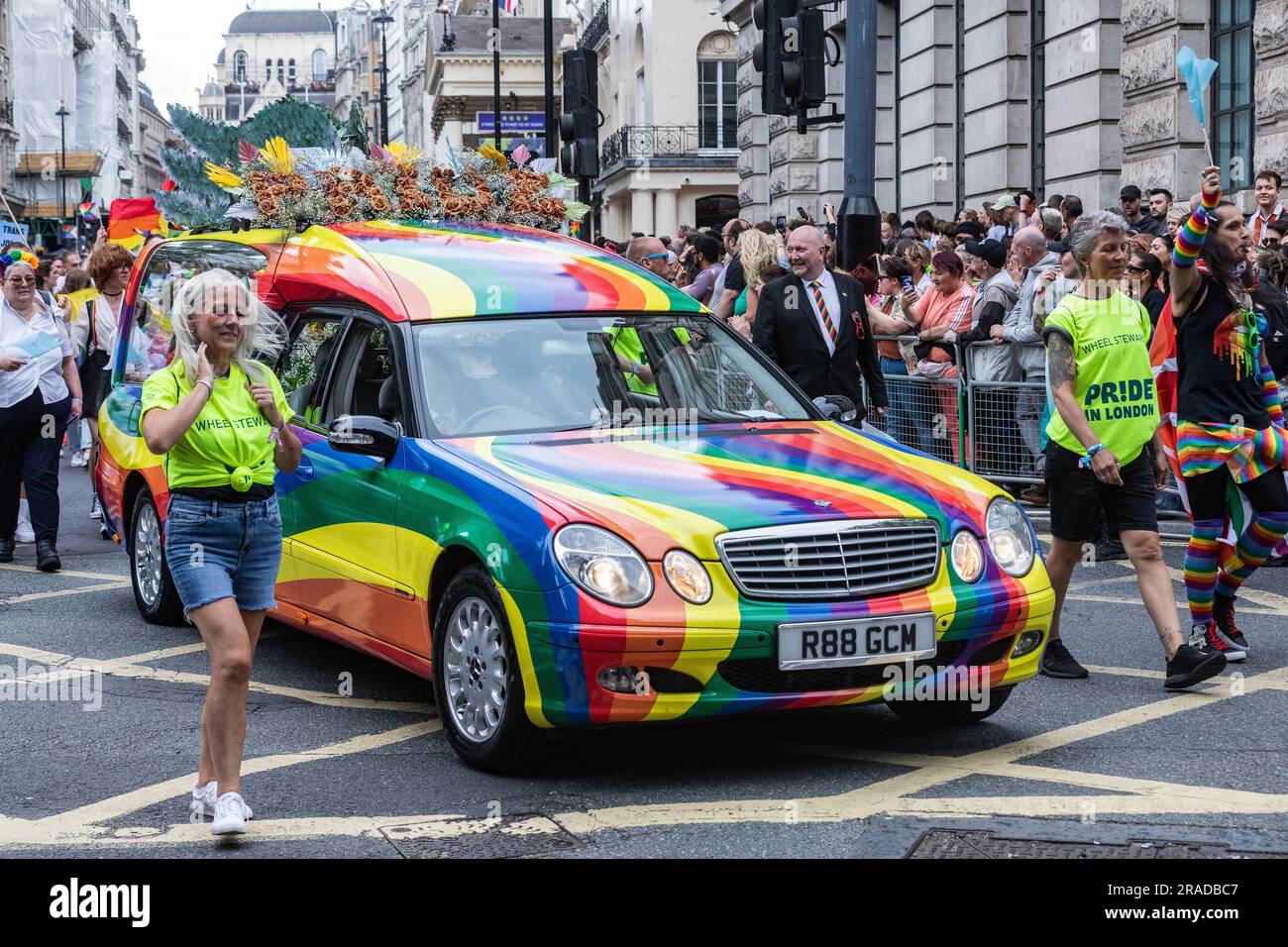 London, UK. 1st July, 2023. A rainbow-coloured hearse is pictured ...