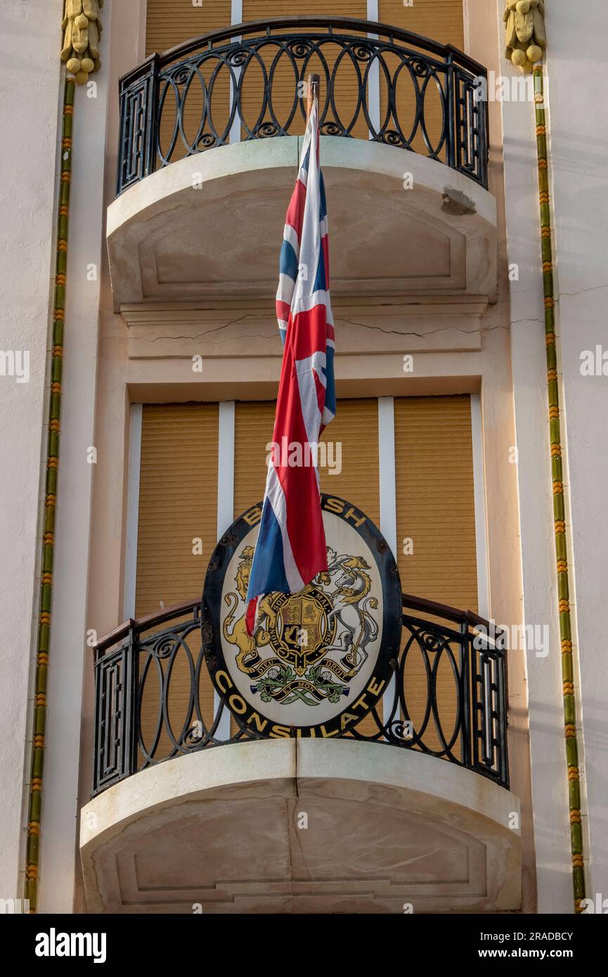 union jack or union flag flying on a balcony at the british consulate ...