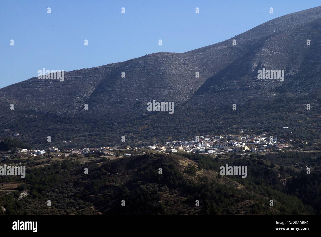 Greece, Rhodes island Embonas village and Atavyros mountain Stock Photo ...