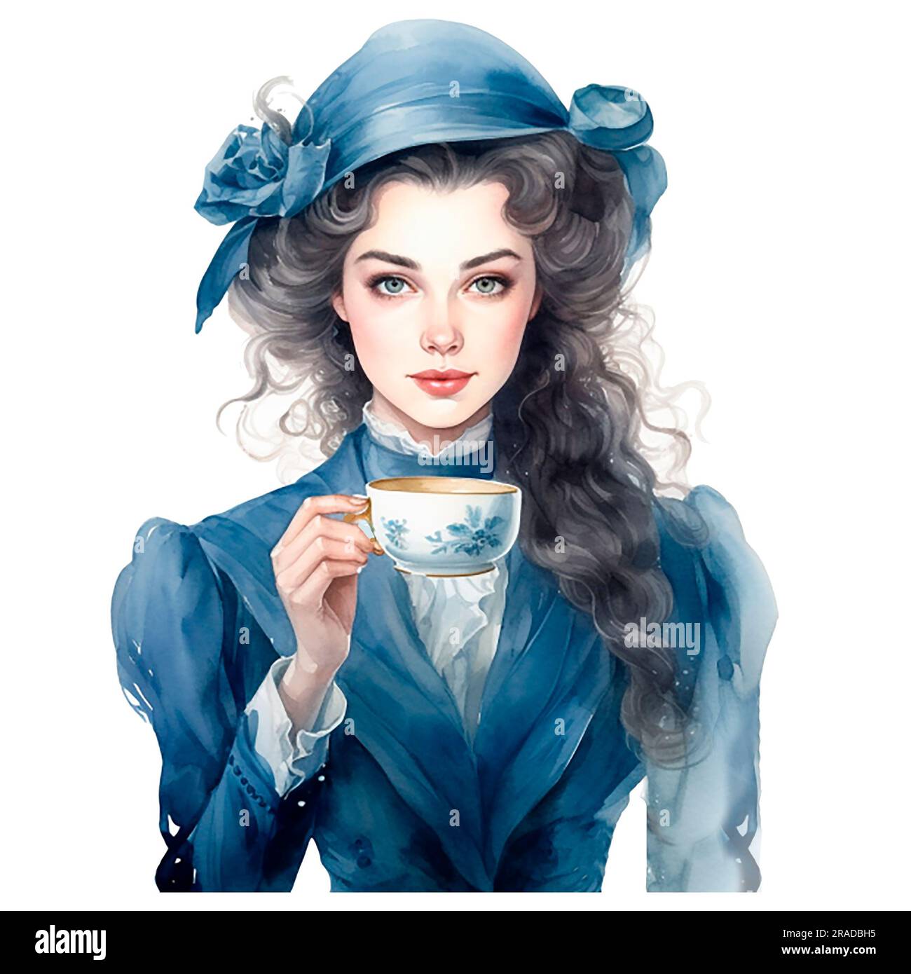 Young woman with a cup of tea. Water color hand drawing. Girls in ...