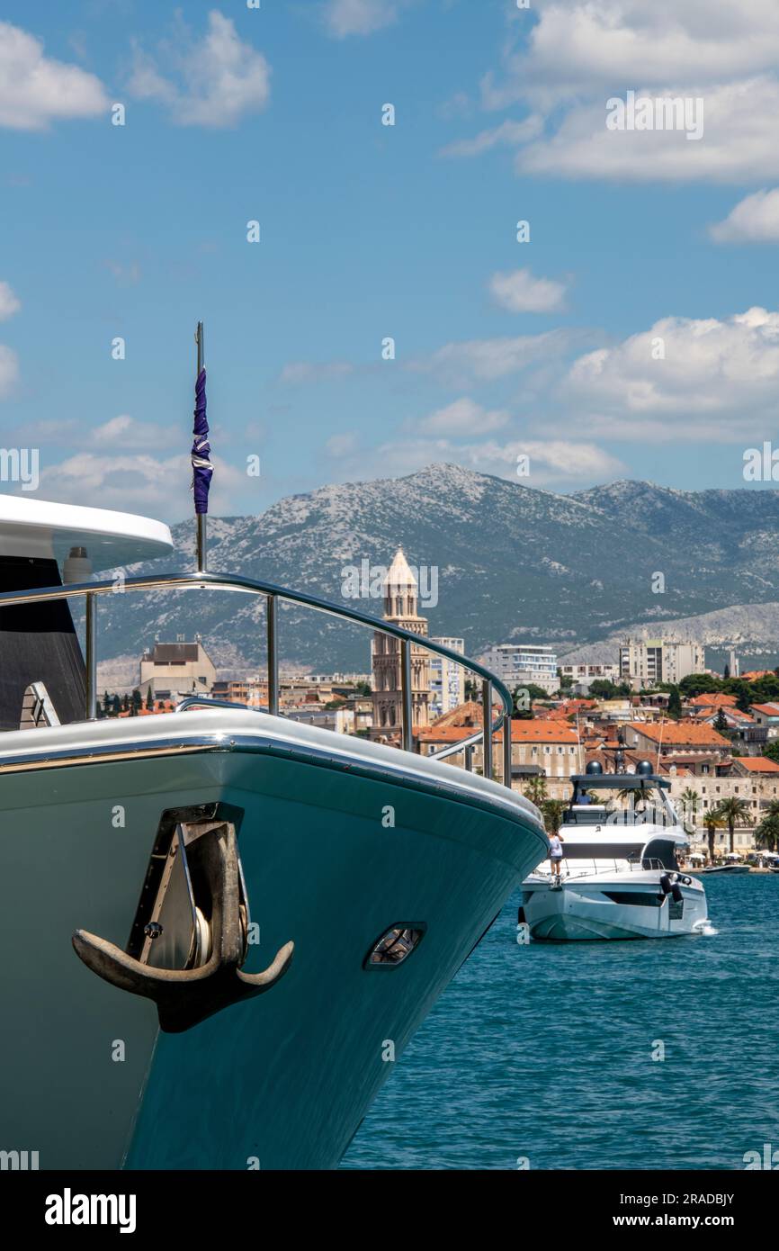 large motorboat alongside in the harbour in grad split, croatia ...