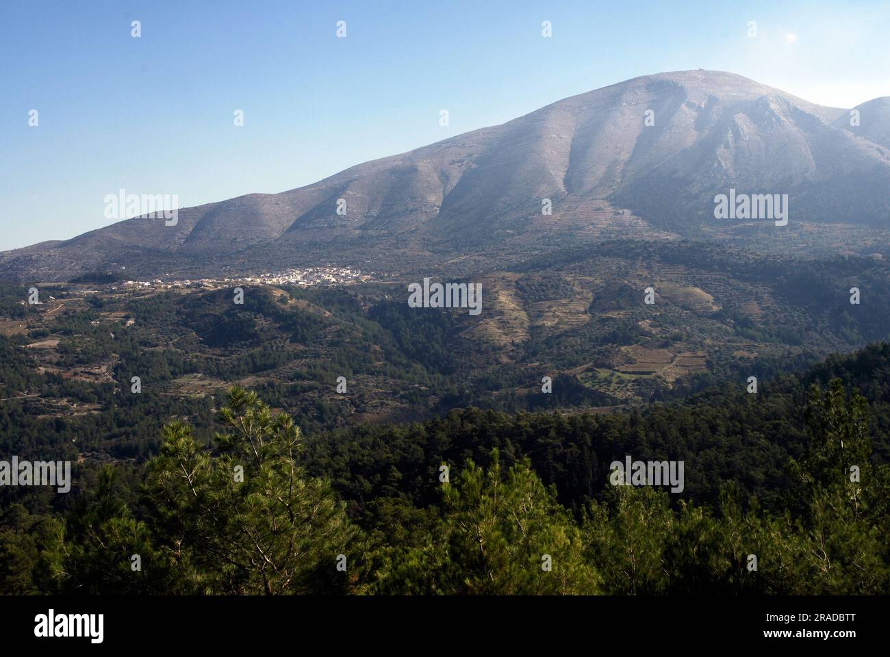 Greece, Rhodes island Embonas village and Atavyros mountain Stock Photo ...