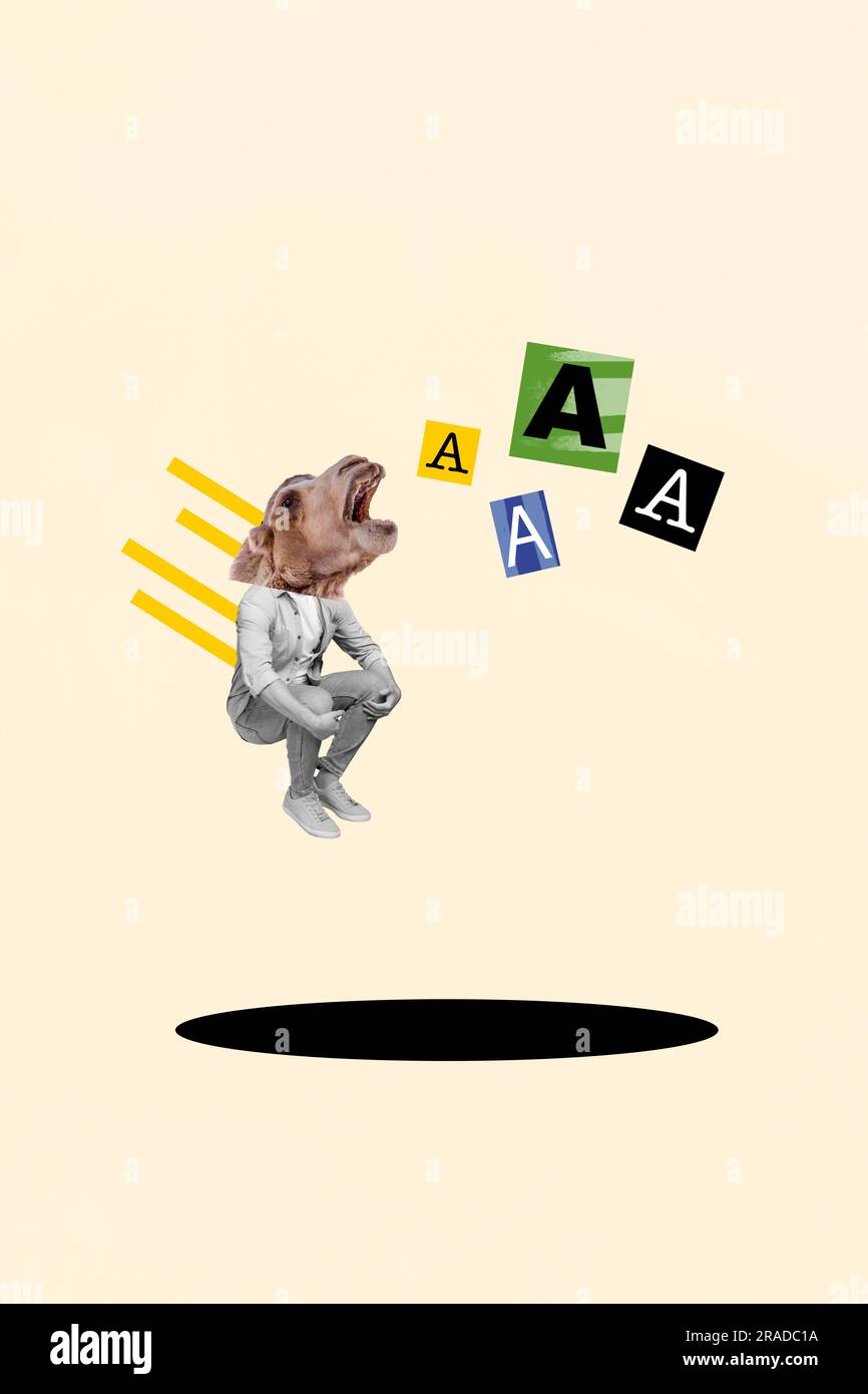 Collage graphics picture of scared camel head guy jumping falling hole ...