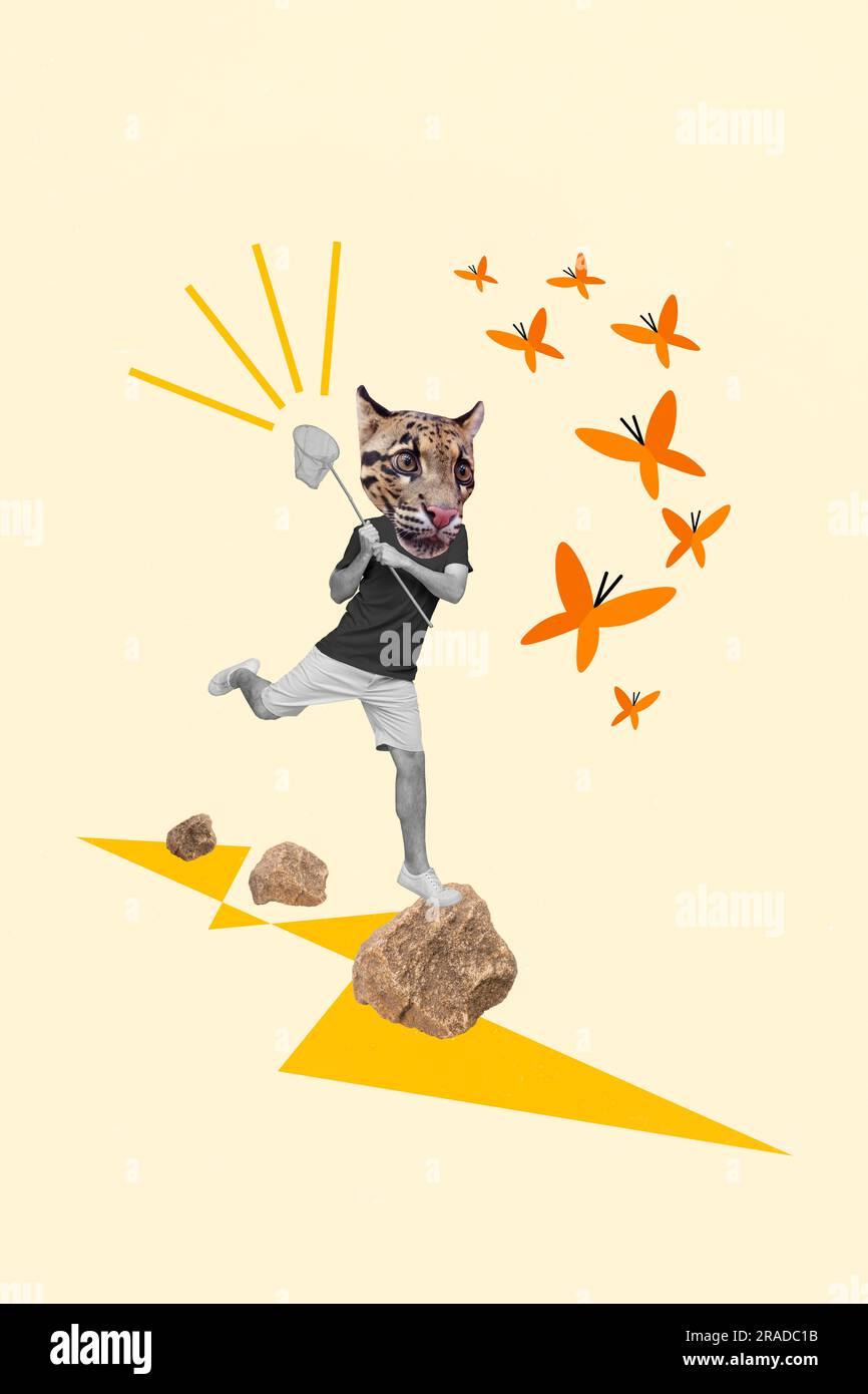 Photo collage artwork minimal picture of excited funky tiger head guy ...